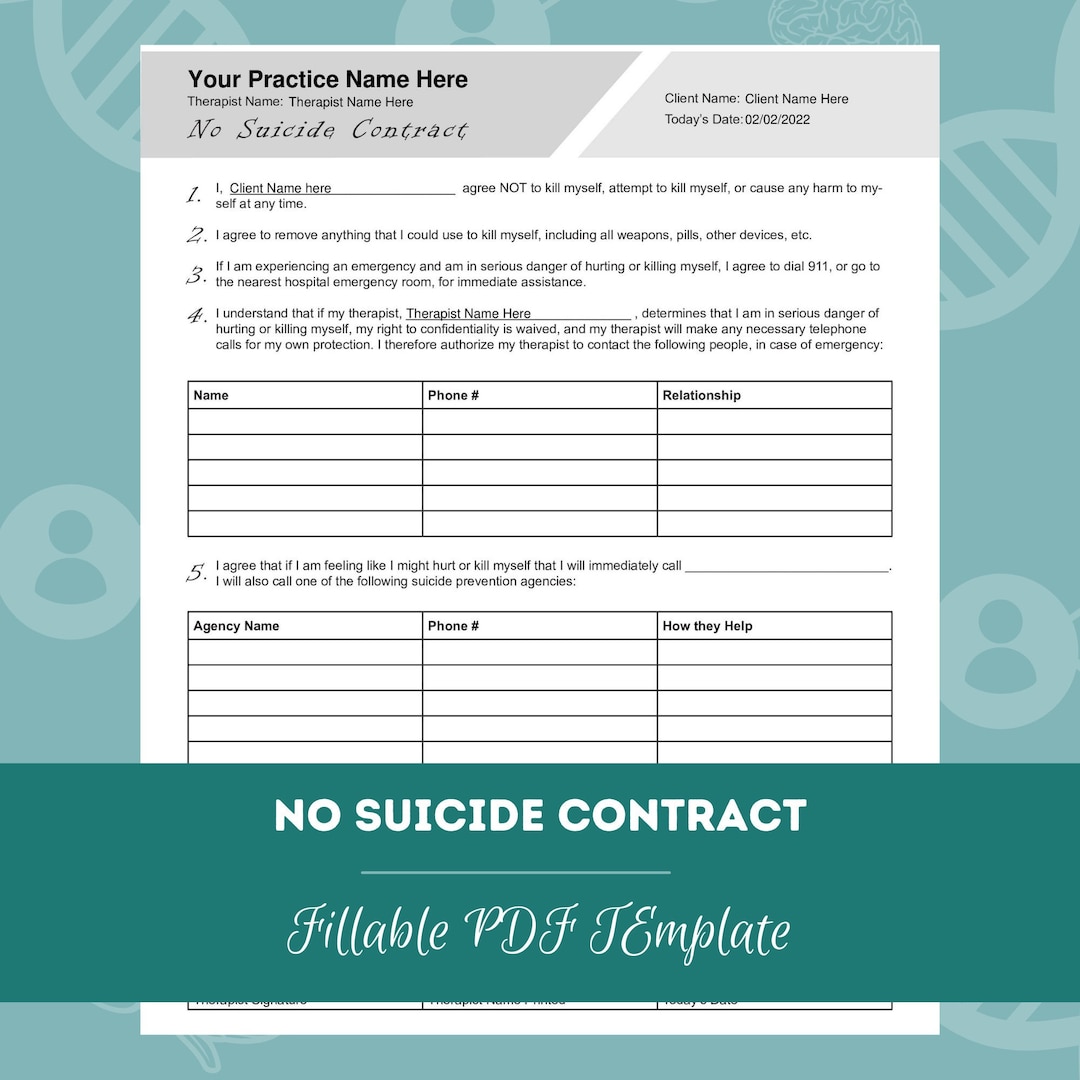 No Suicide Contract | Editable / Fillable / Printable PDF | Counselors ...
