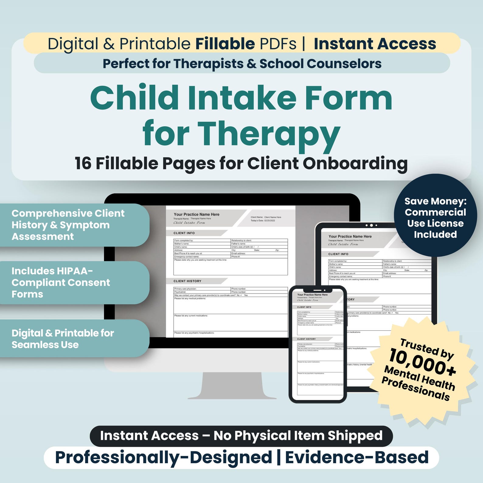 Child Intake Form for Therapy, Fillable/printable PDF, Therapist Office ...