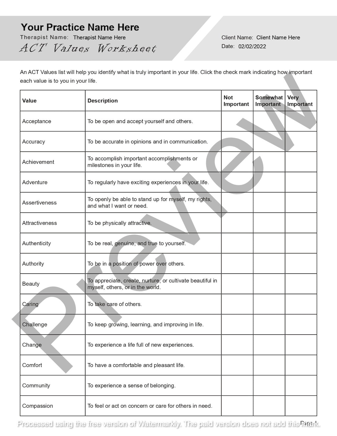 ACT Values Worksheet | Editable / Fillable PDF | for Counselors ...