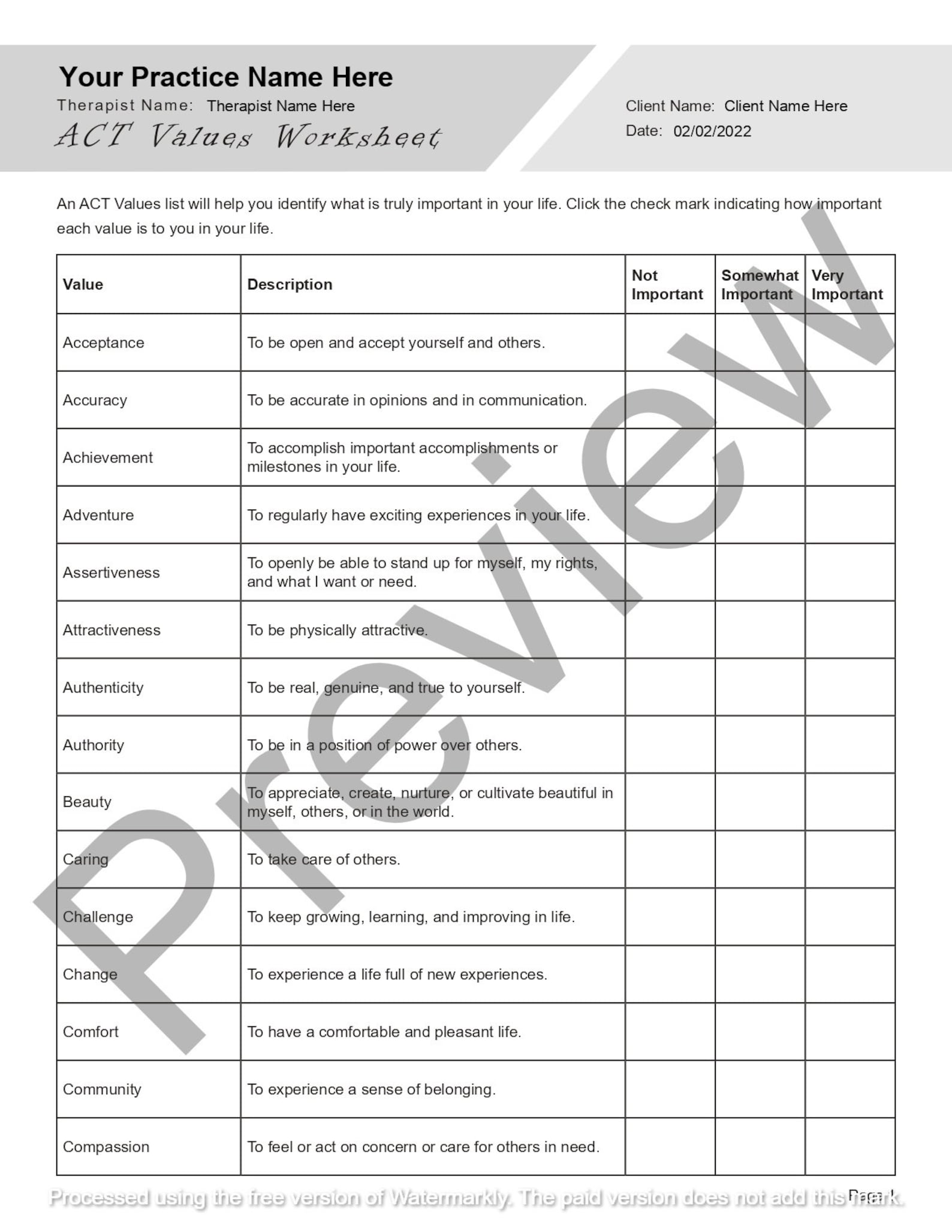 ACT Values Worksheet | Editable / Fillable PDF | for Counselors ...