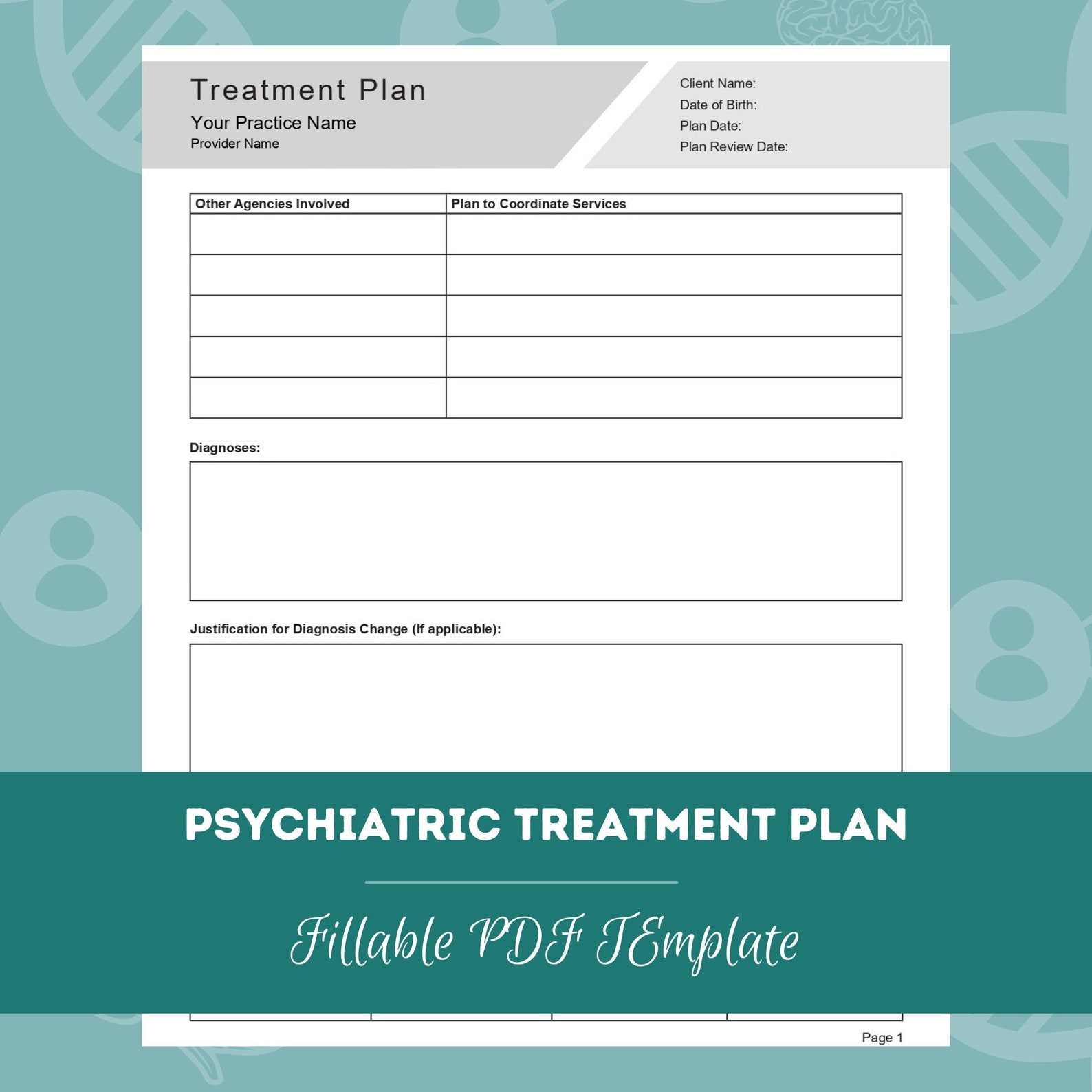 Psychiatric Treatment Plan | Editable / Fillable PDF Template | for ...