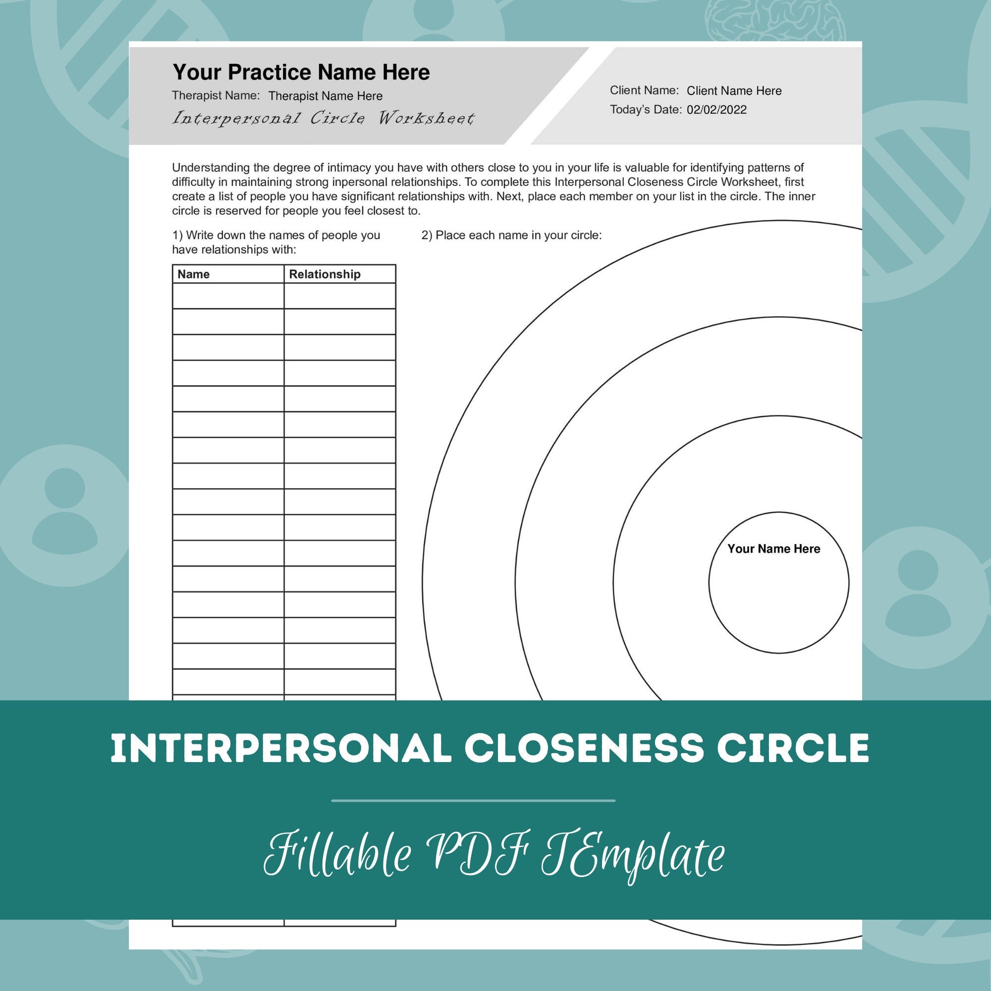 Interpersonal Closeness Circle Worksheet | Editable / Fillable PDF ...