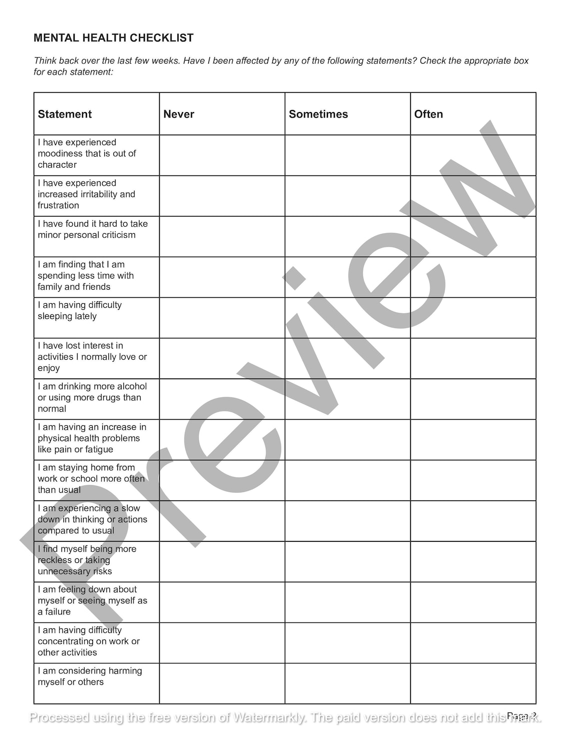 Mental Health Check-in Template | Editable / Fillable PDF | for ...