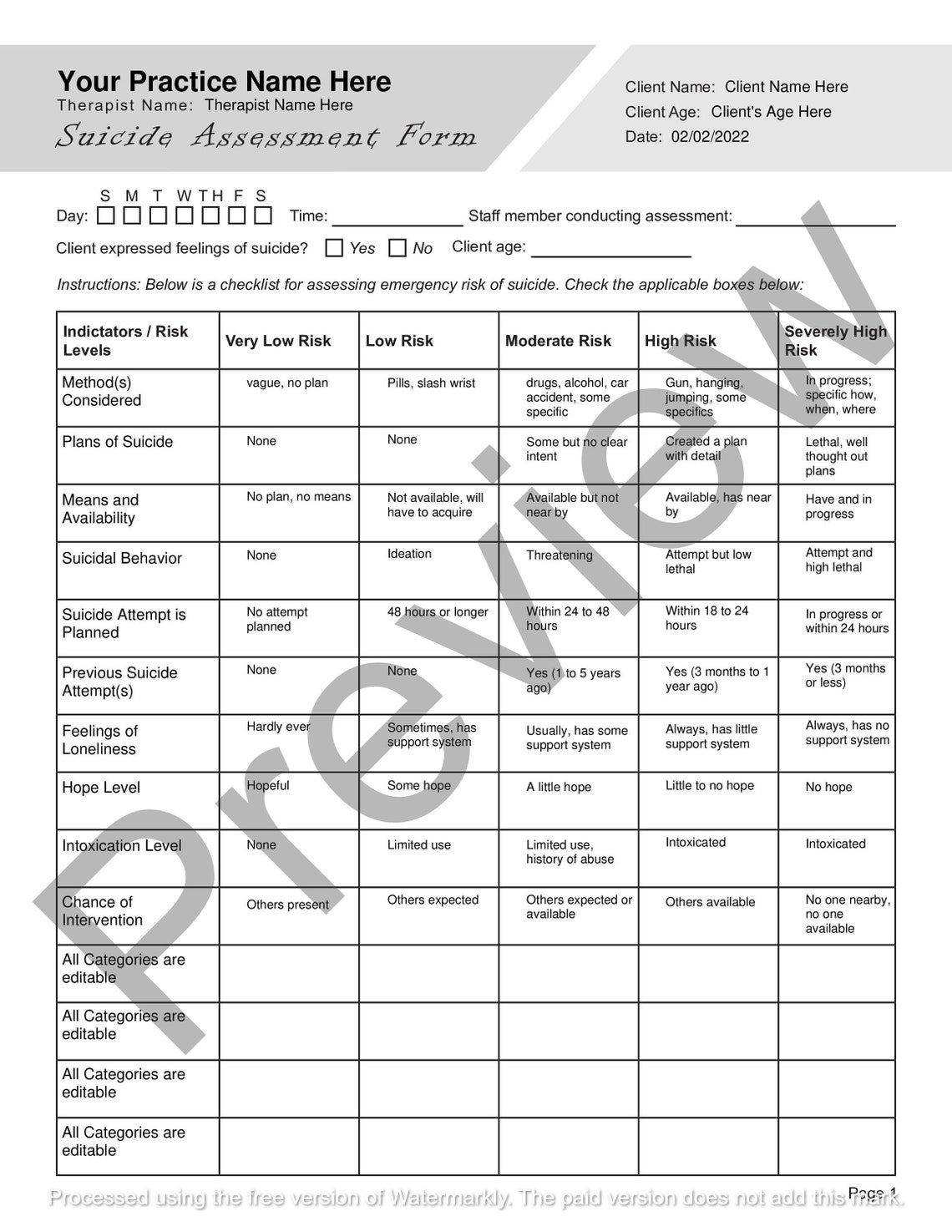 Suicide Assessment Form Template | Editable / Fillable / Printable PDF ...