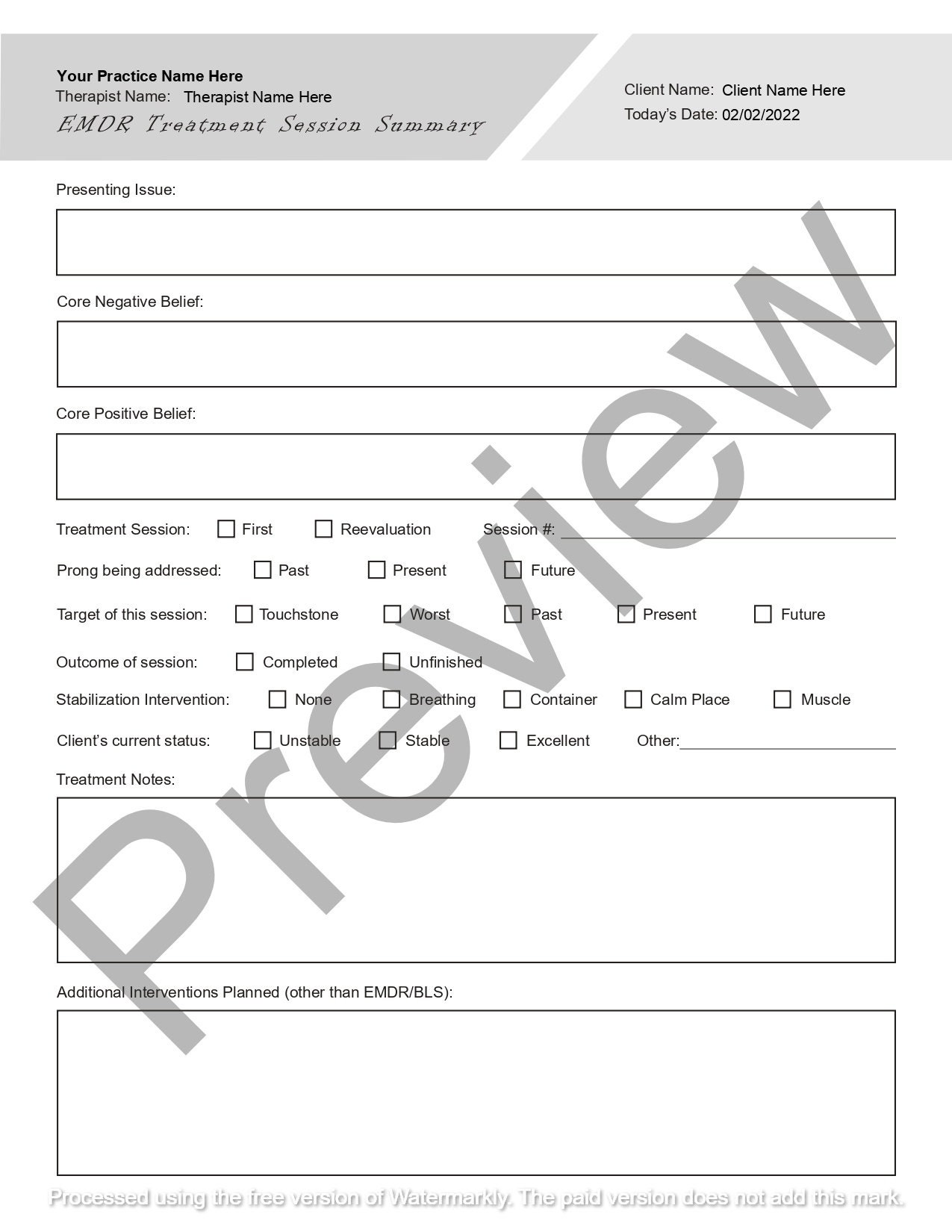 EMDR Treatment Session Summary Notes | Editable / Fillable PDF Template ...