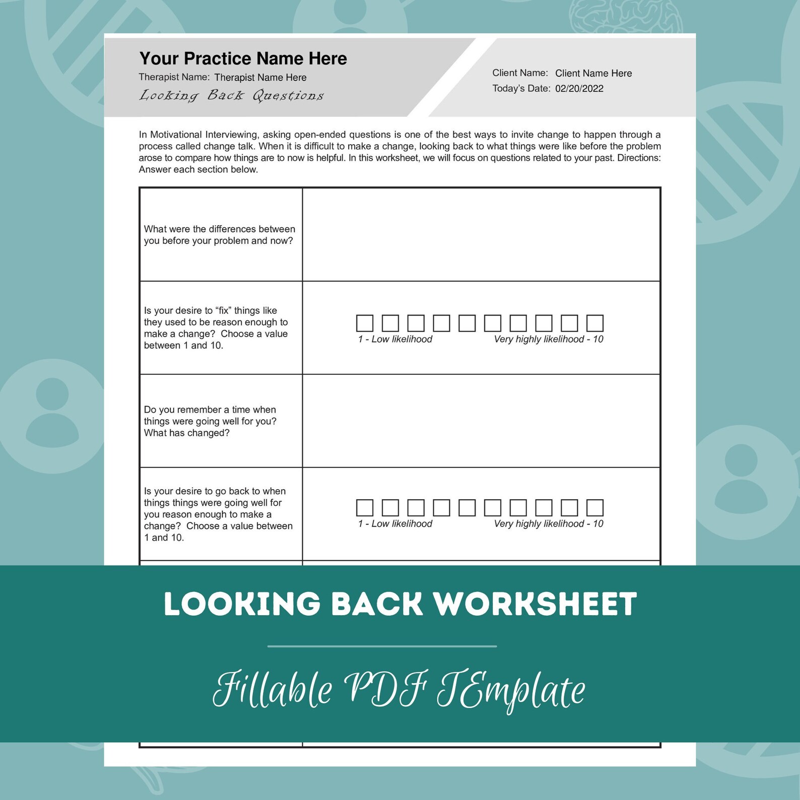 Motivational Interviewing Looking Back Questions Worksheet | Editable ...