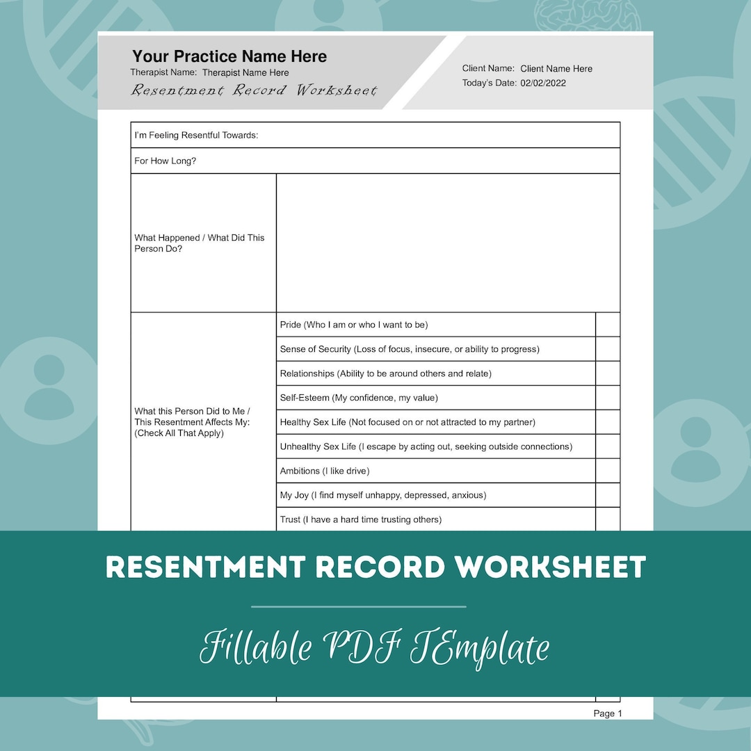 Resentment Record Worksheet | Editable / Fillable PDF Template | for ...