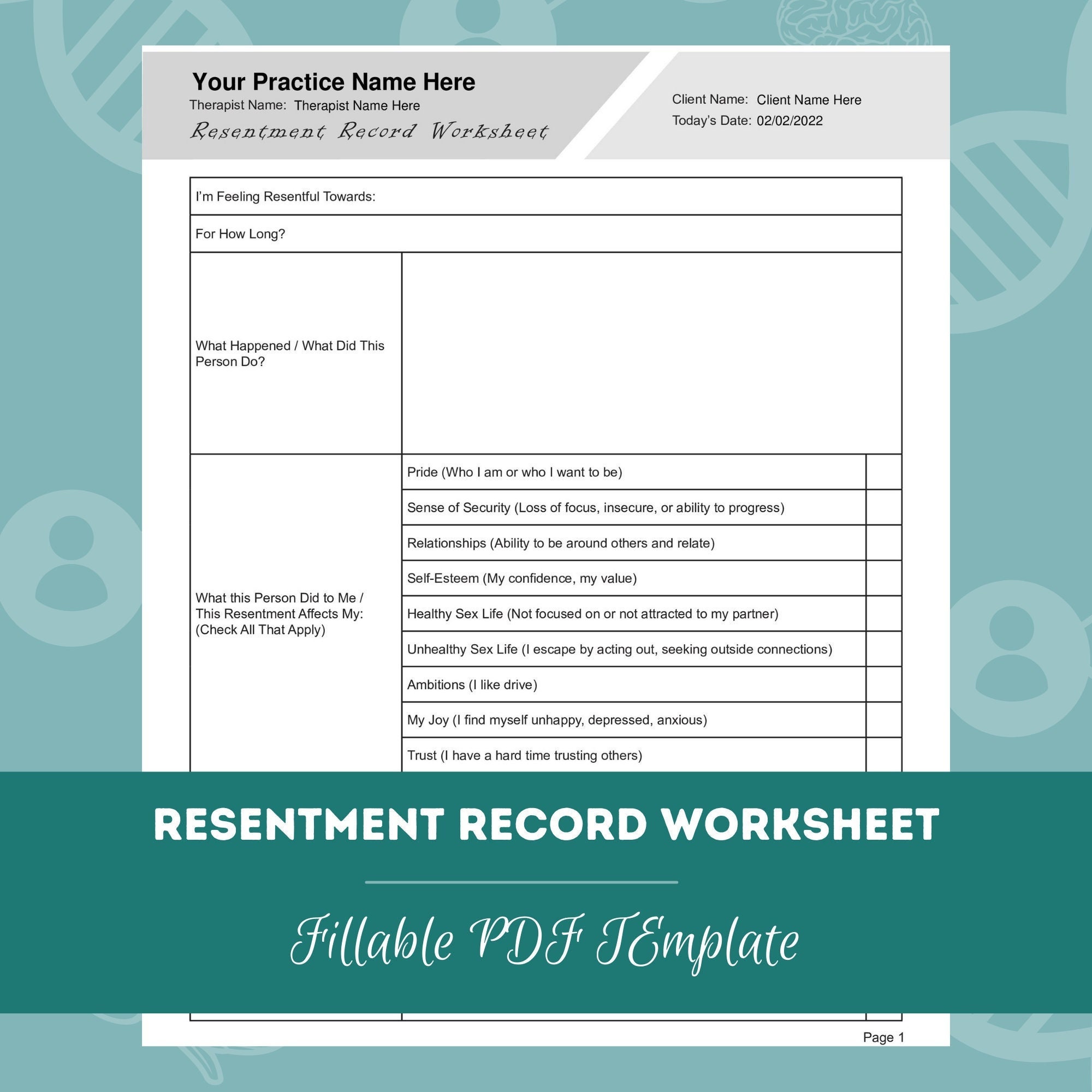 Resentment Record Worksheet | Editable / Fillable PDF Template | for ...