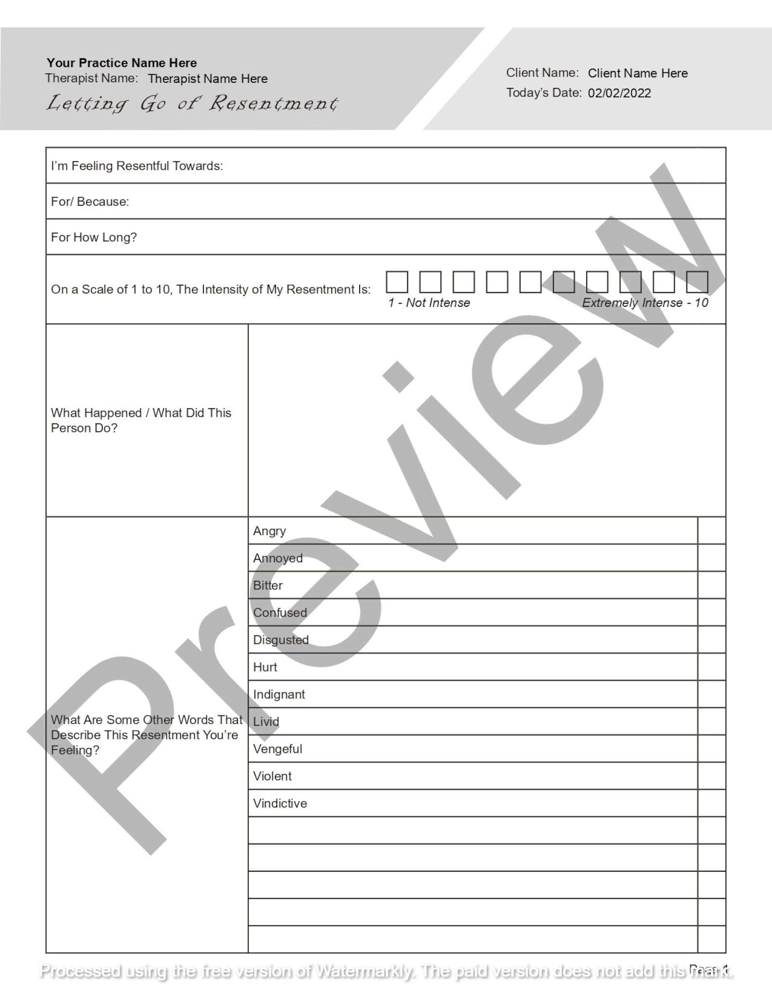 Letting Go of Resentment Worksheet Editable / Fillable PDF Template for ...