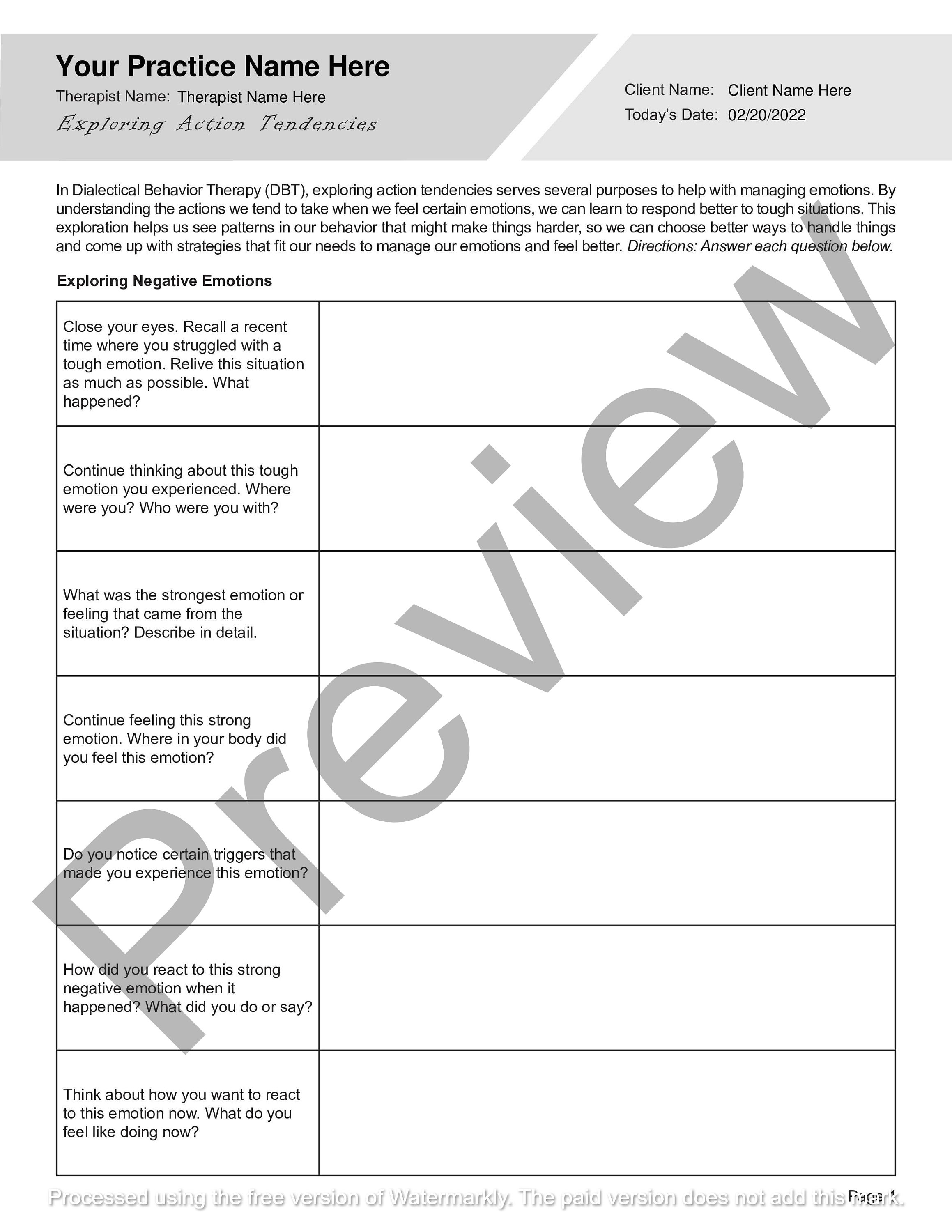 DBT Exploring Action Tendencies Worksheet | Editable / Fillable ...