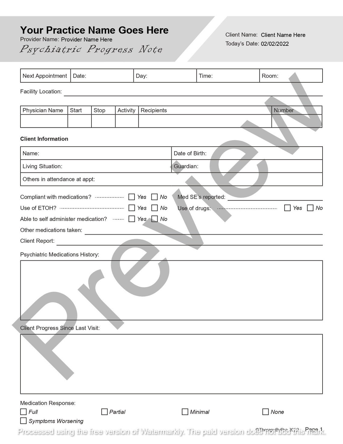 Psychiatric Progress Note | Editable / Fillable PDF Template | for ...