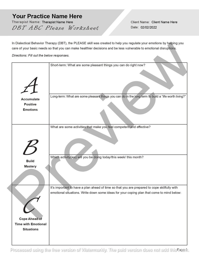DBT ABC Please Worksheet | Editable / Fillable PDF Template | for ...