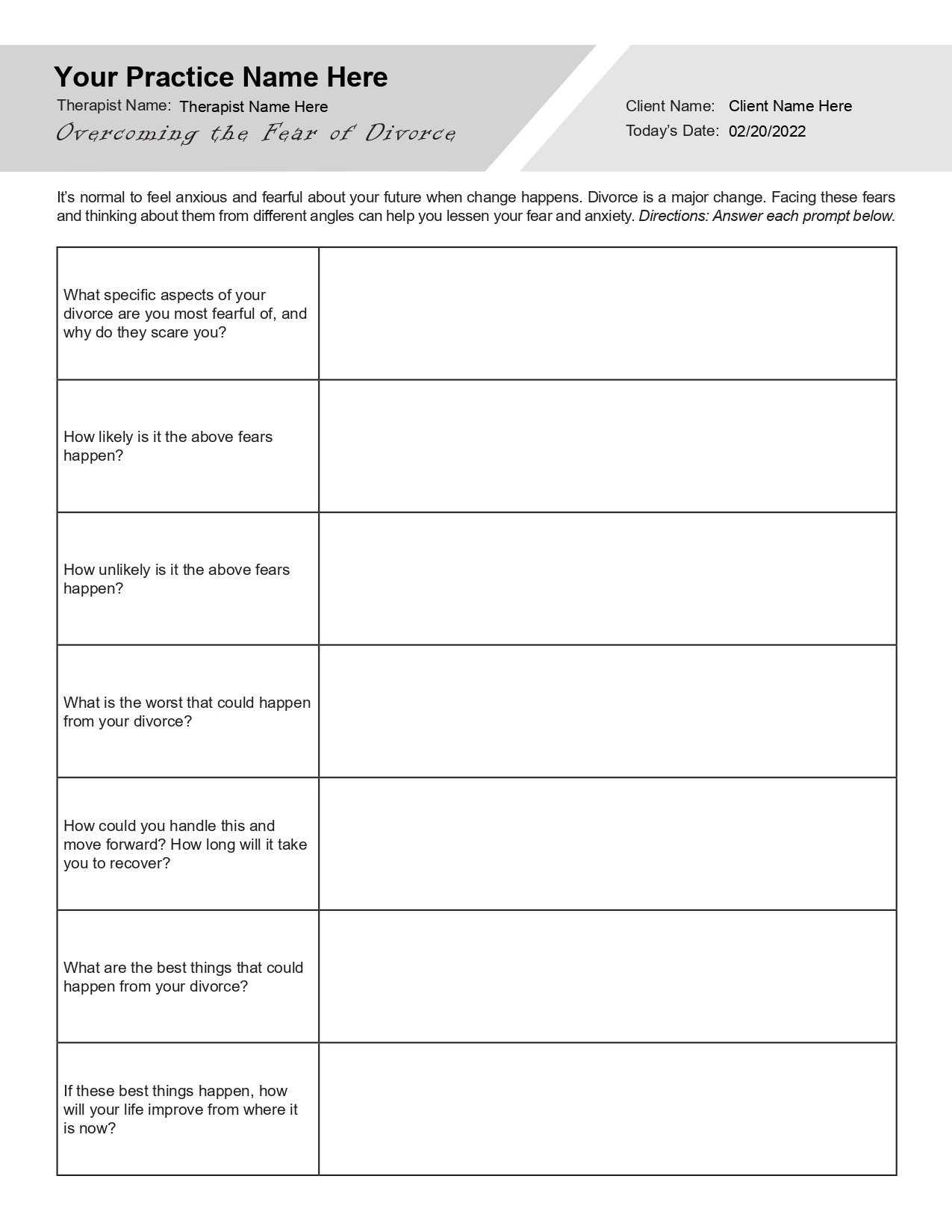 Overcoming the Fear of Divorce Worksheet | Editable / Printable ...