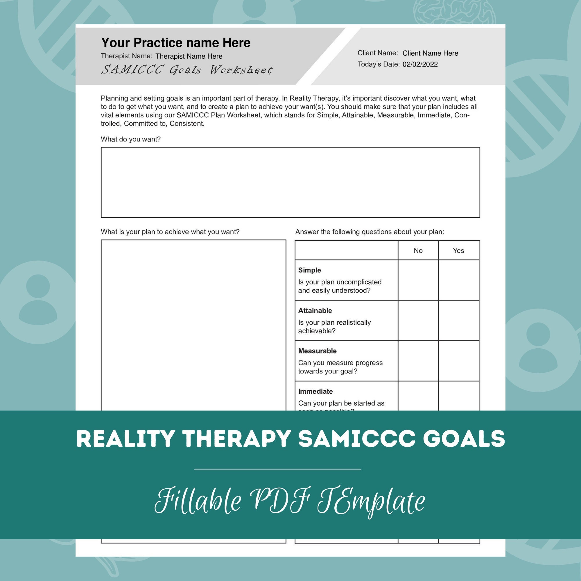 Reality Therapy SAMICCC Goals Worksheet | Editable / Fillable PDF ...