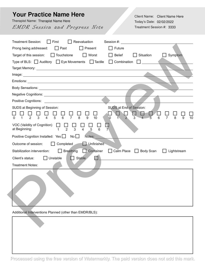 EMDR Session Note Worksheet | Editable / Fillable PDF Template | for ...