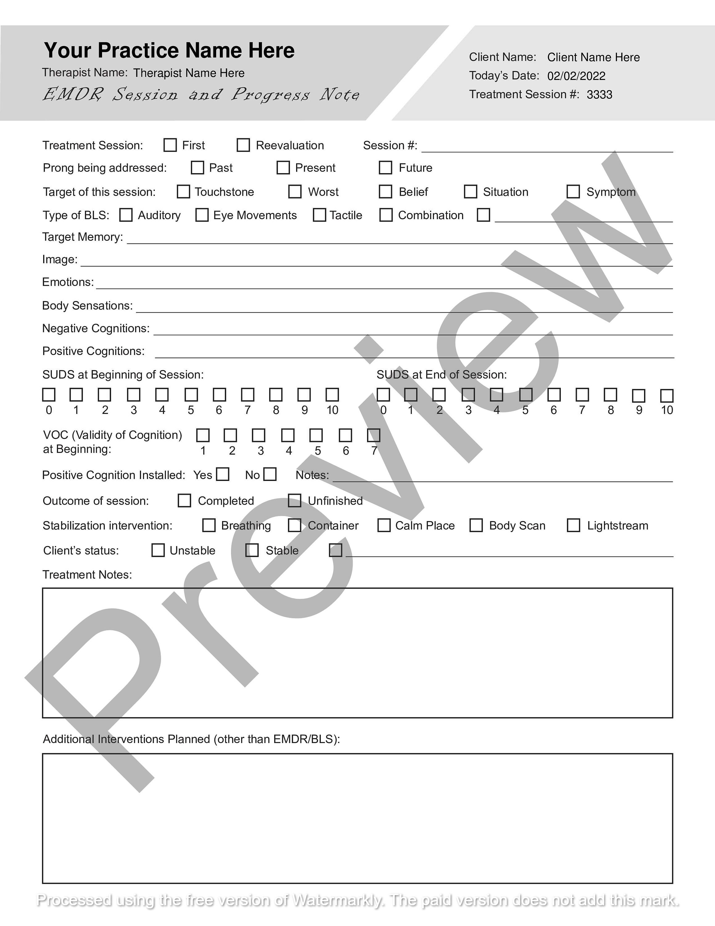 EMDR Session Note Worksheet | Editable / Fillable PDF Template | for ...