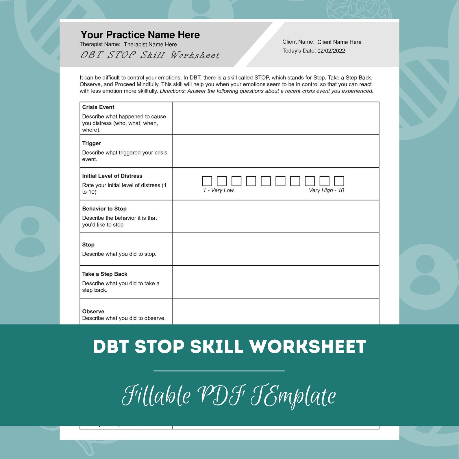 DBT STOP Skill Worksheet | Editable / Fillable PDF Template | for ...