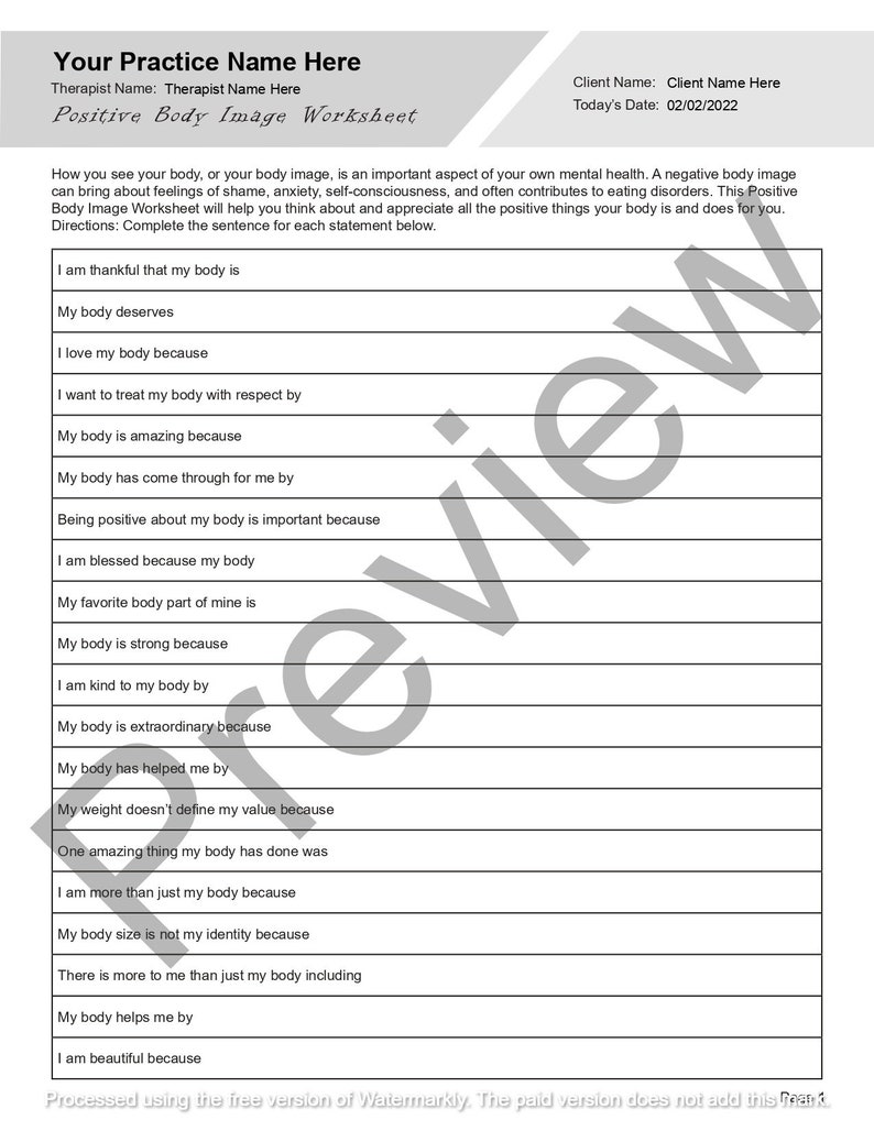 Positive Body Image Worksheet | Editable / Fillable PDF Template | for ...