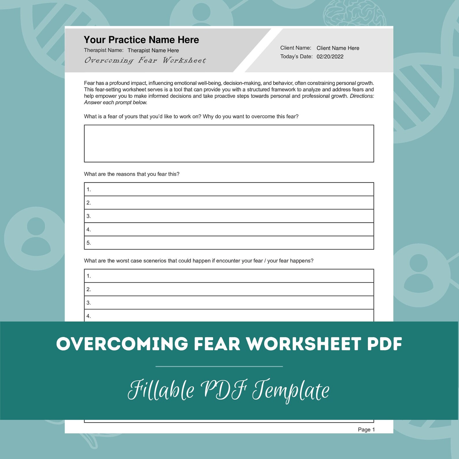 Overcoming Fear Worksheet | Editable / Fillable PDF | for Counselors ...