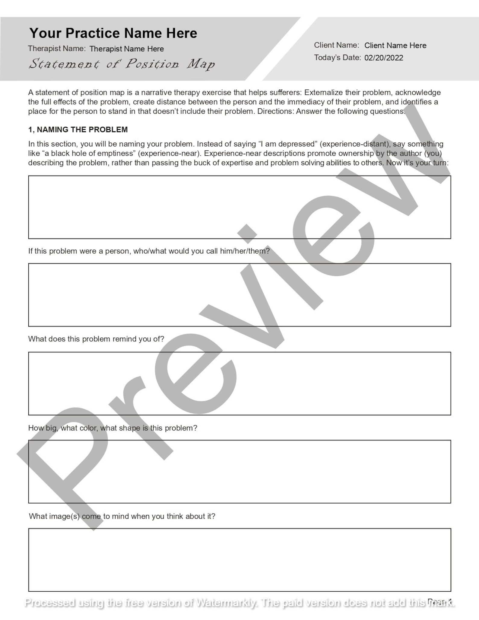 Narrative Therapy Statement of Position Map Worksheet | Editable ...