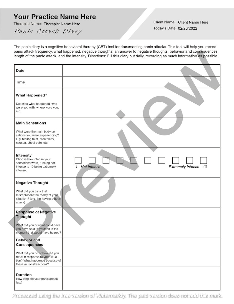 Panic Attack Diary | Editable / Fillable PDF | for Counselors ...