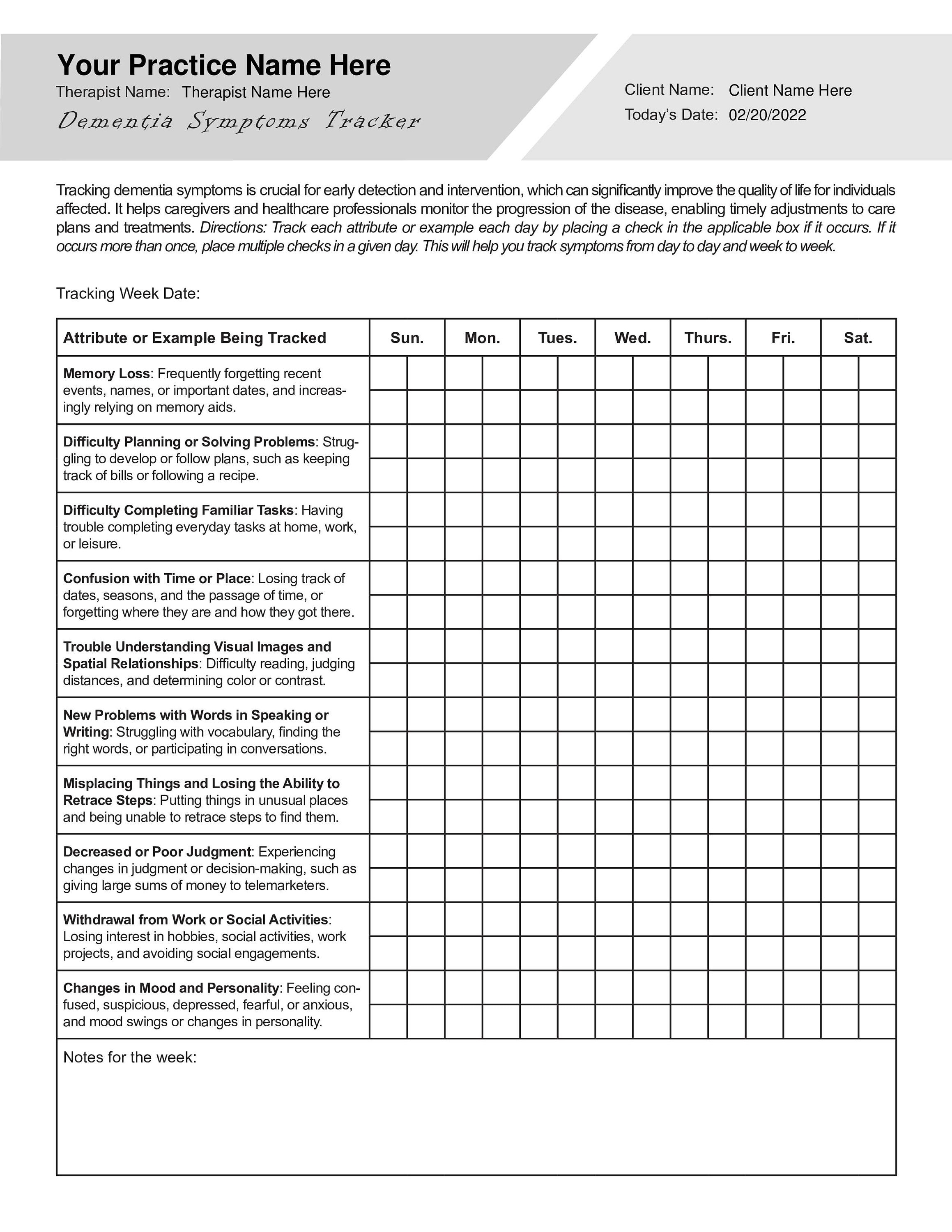 Alzheimer's / Dementia Symptoms Tracker Worksheet | Fillable PDF | for ...
