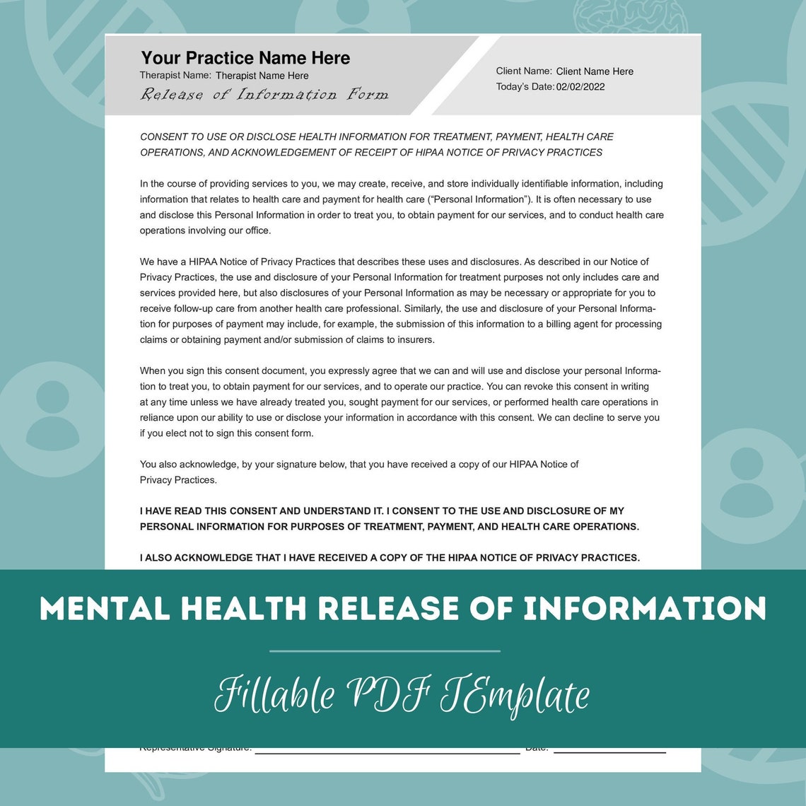 Mental Health Release of Information | Editable / Fillable PDF | for ...