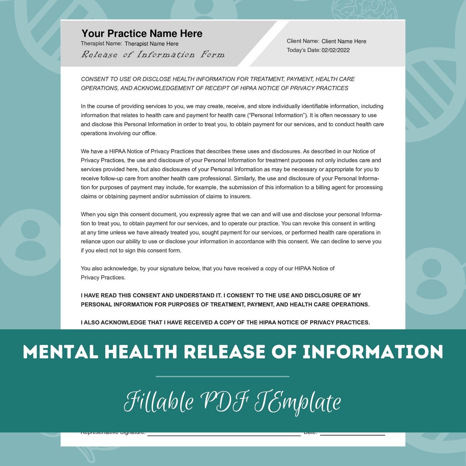 Mental Health Release of Information | Editable / Fillable PDF | for ...
