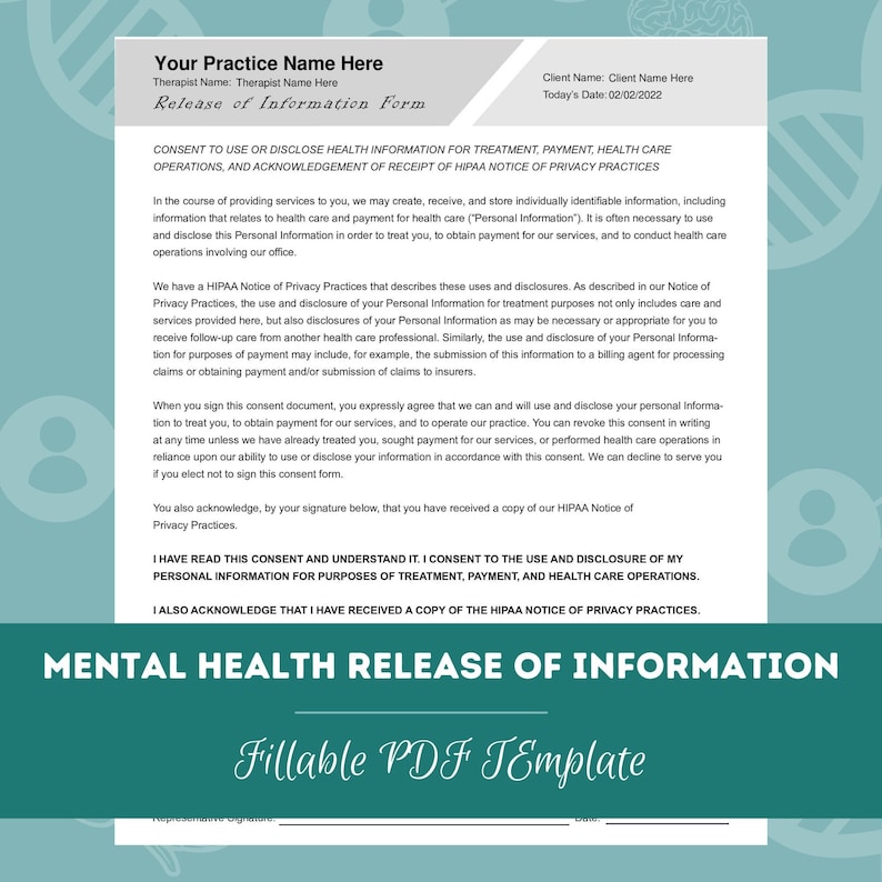 Mental Health Release of Information | Editable / Fillable PDF | for ...