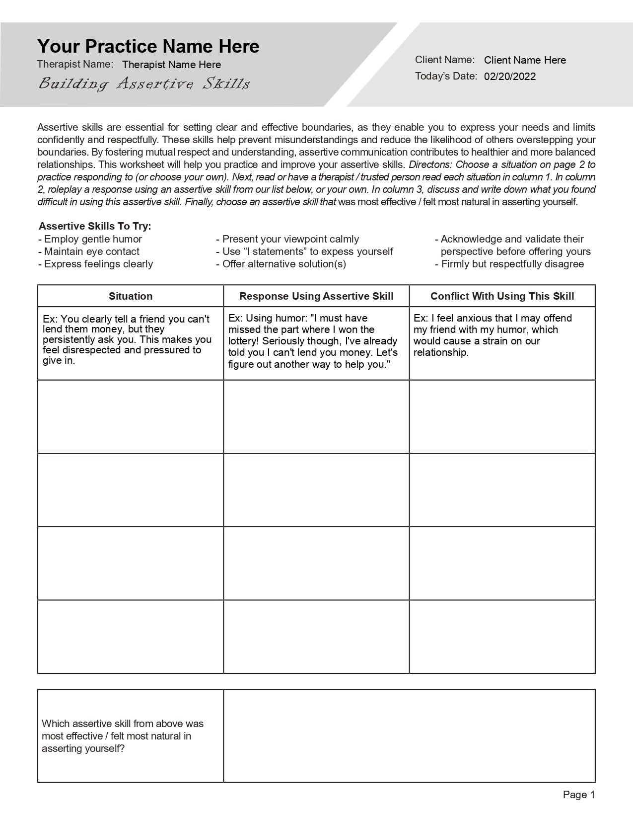 Building Assertive Skills Worksheet | Editable / Fillable / Printable ...
