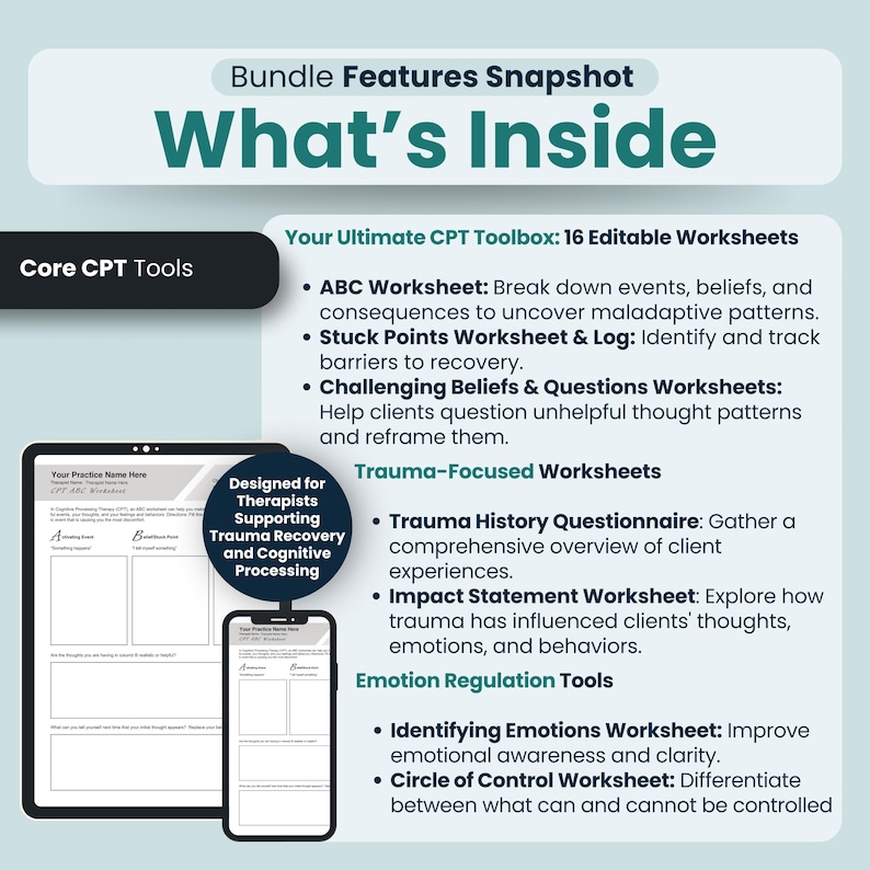 Cognitive Processing Therapy Worksheets Bundle, 17fillable/printable ...