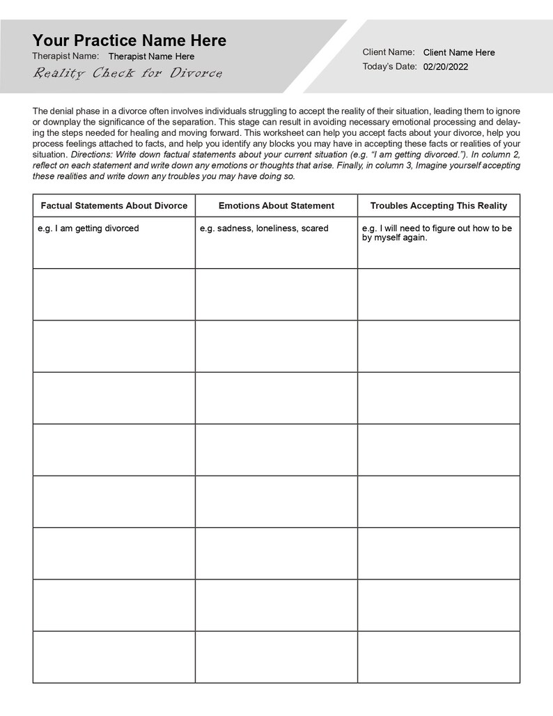 Reality Check for Divorce Worksheet | Editable / Printable / Fillable ...