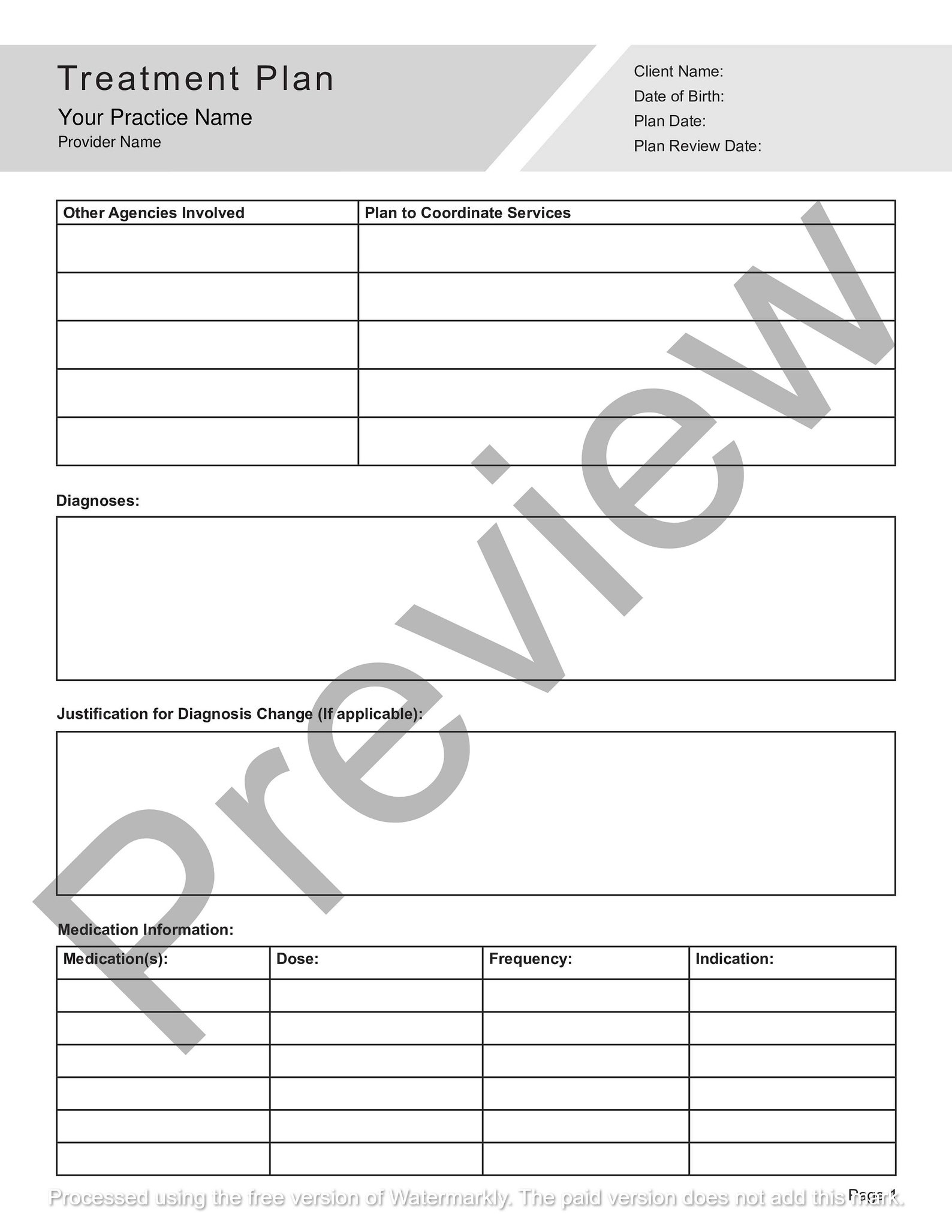Counseling Treatment Plan Template for Mental Health, Fillable ...