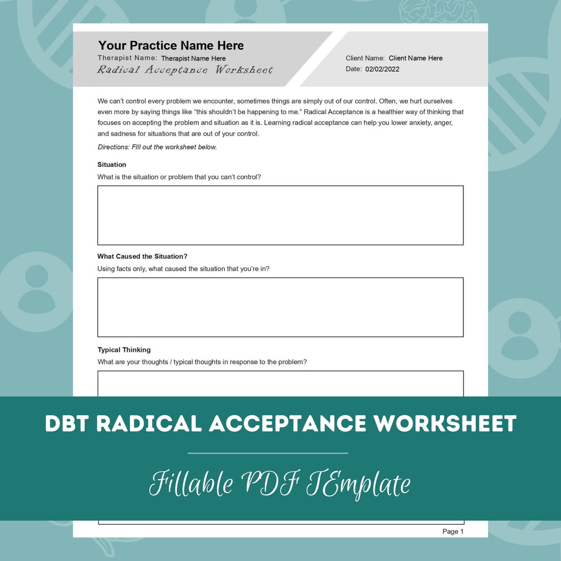 DBT Radical Acceptance Worksheet | Editable / Fillable PDF Template ...