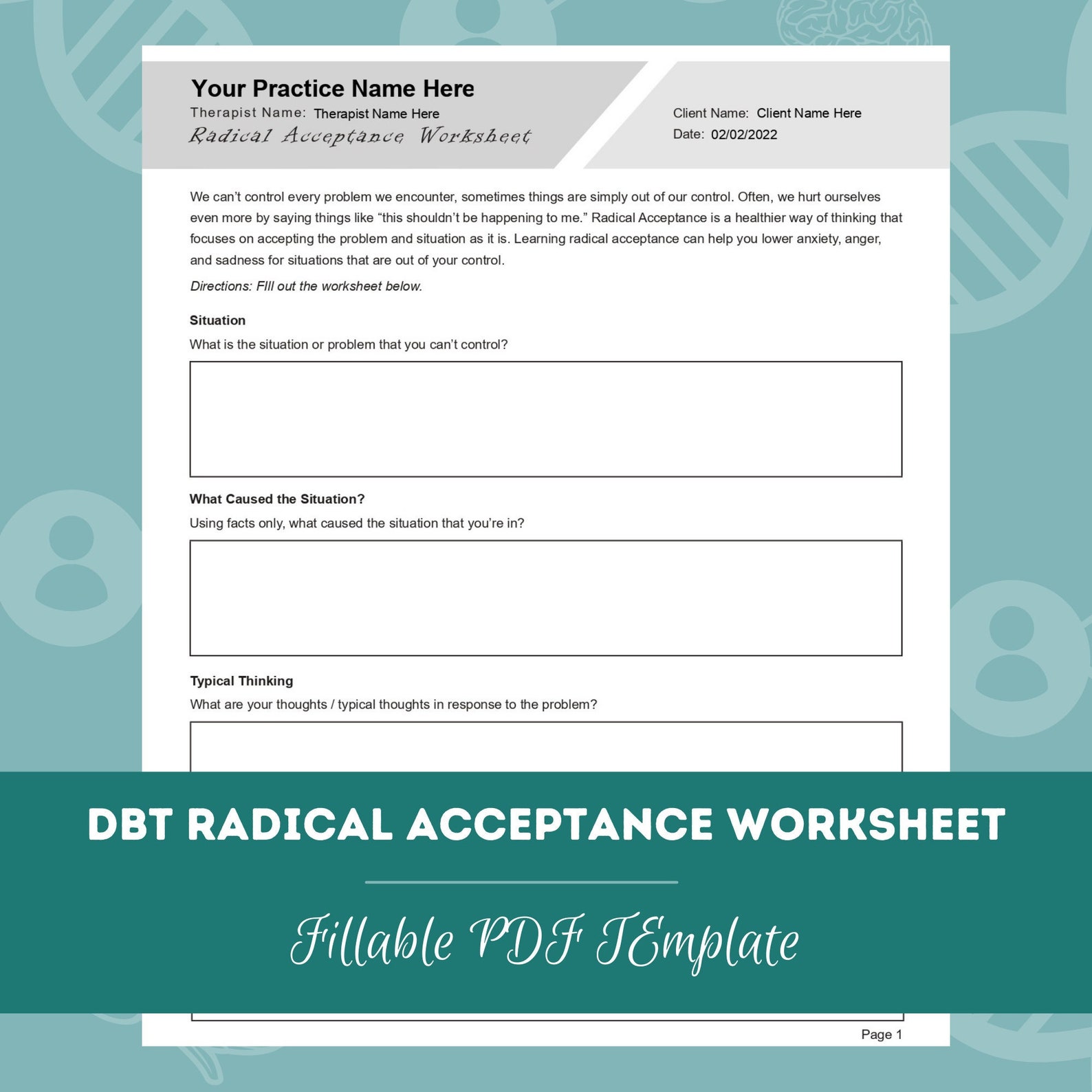 DBT Radical Acceptance Worksheet | Editable / Fillable PDF Template ...