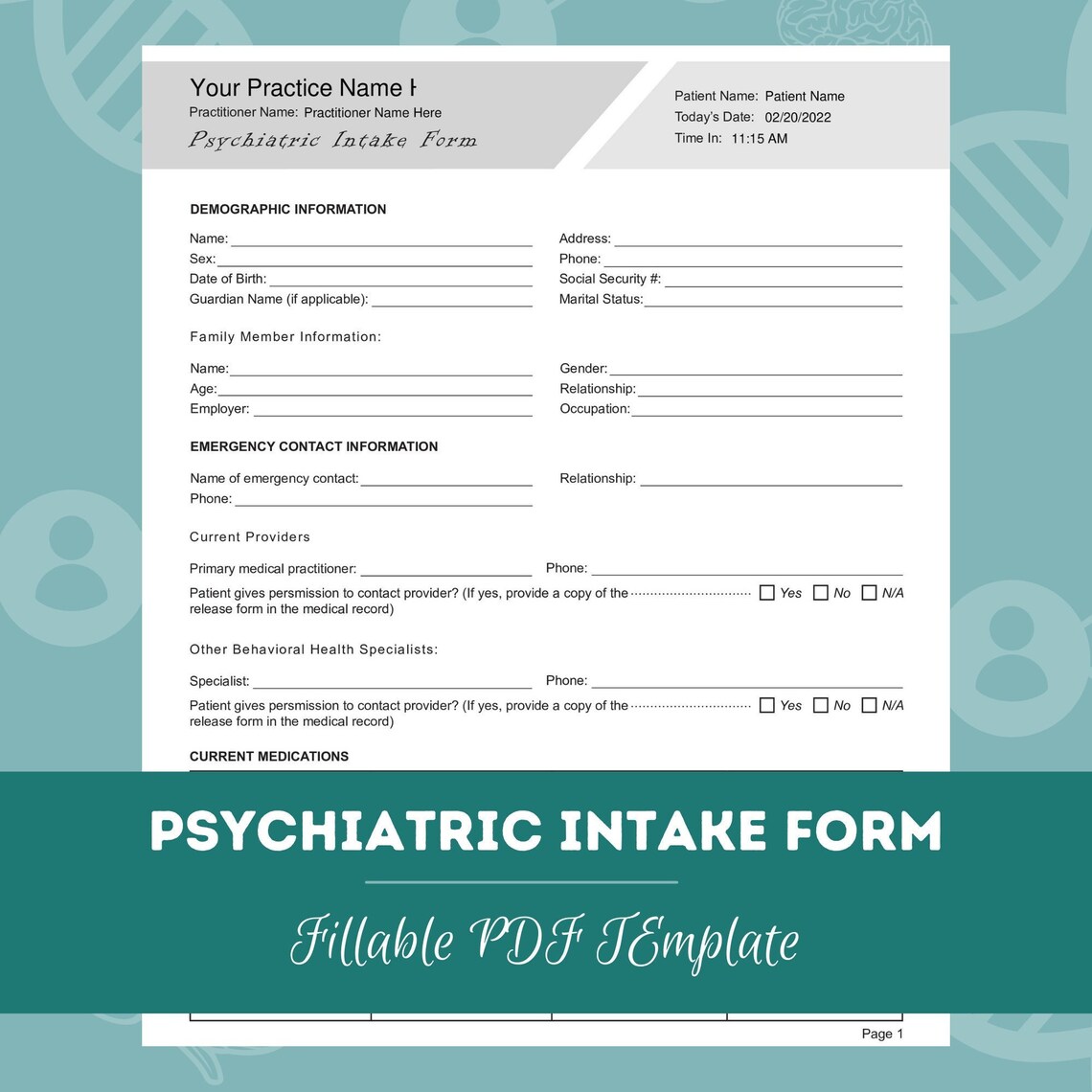 Psychiatric Intake Form PDF Template for Psychiatrists, Nurse ...