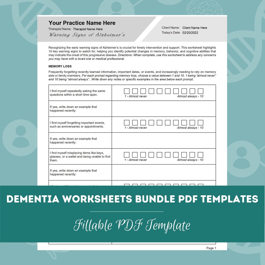 Dementia Worksheets Bundle | Fillable PDF | for Counselors ...