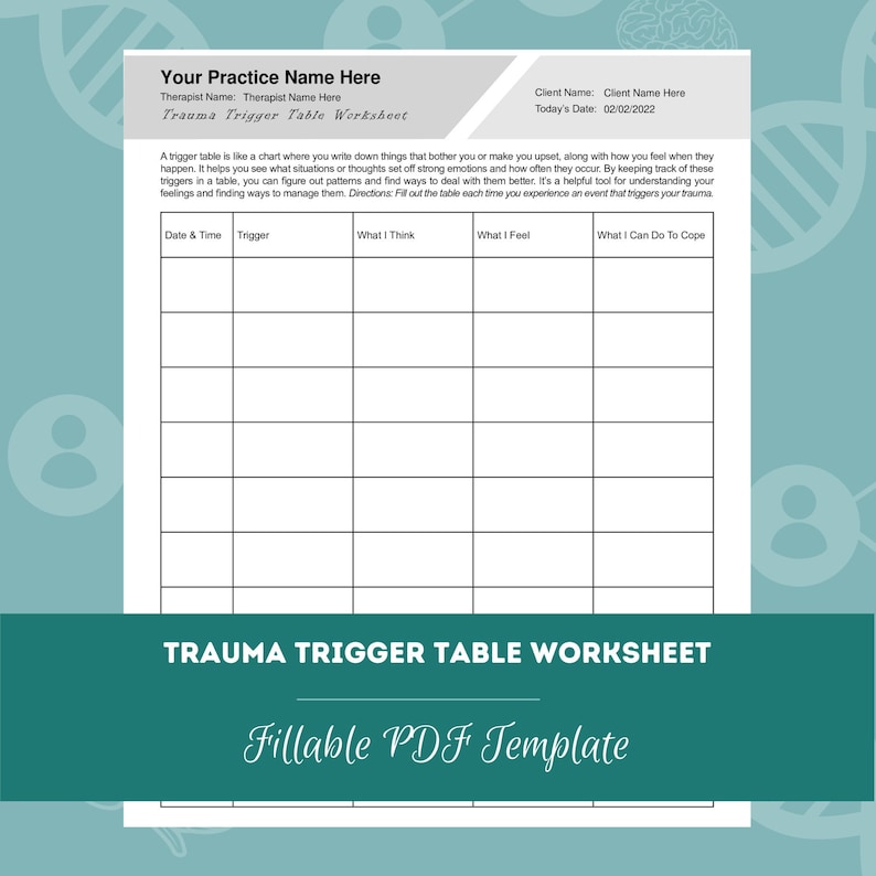 Trauma Trigger Table Worksheet | Editable / Fillable PDF Template | for ...