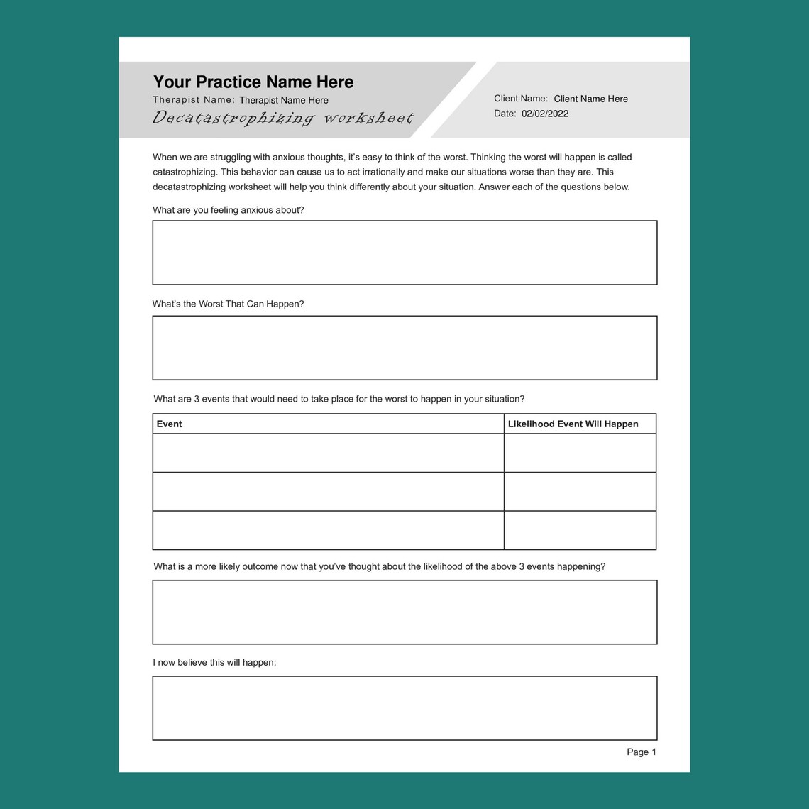 CBT: Decatastrophizing Worksheet Editable / Fillable PDF for Counselors ...