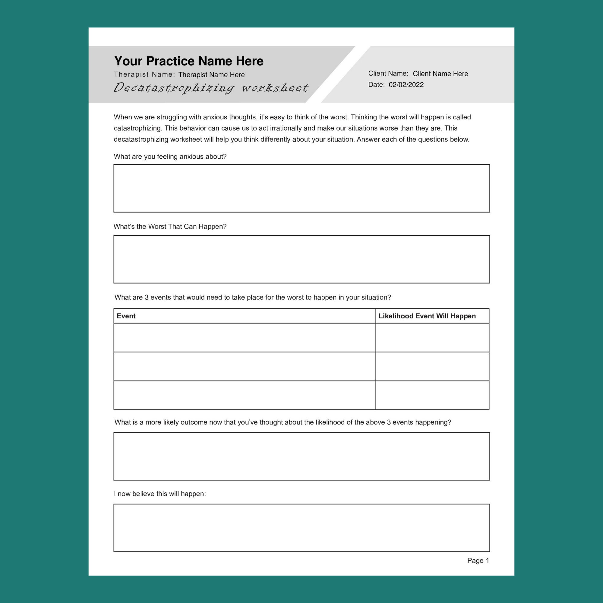 CBT: Decatastrophizing Worksheet Editable / Fillable PDF for Counselors ...