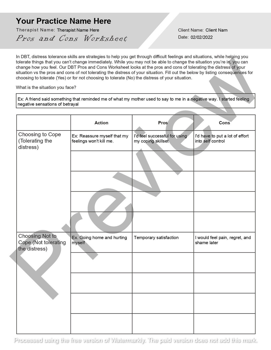 DBT Pros and Cons Worksheet | Editable / Fillable PDF Template | for ...