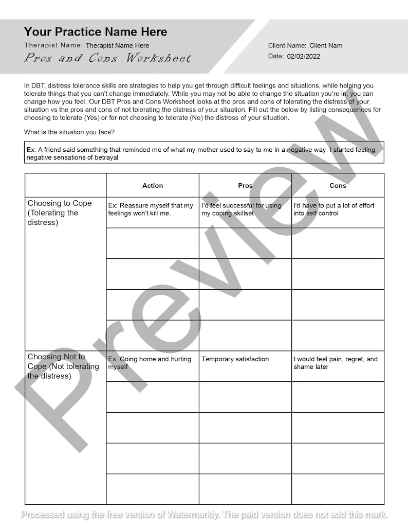 DBT Pros and Cons Worksheet | Editable / Fillable PDF Template | for ...