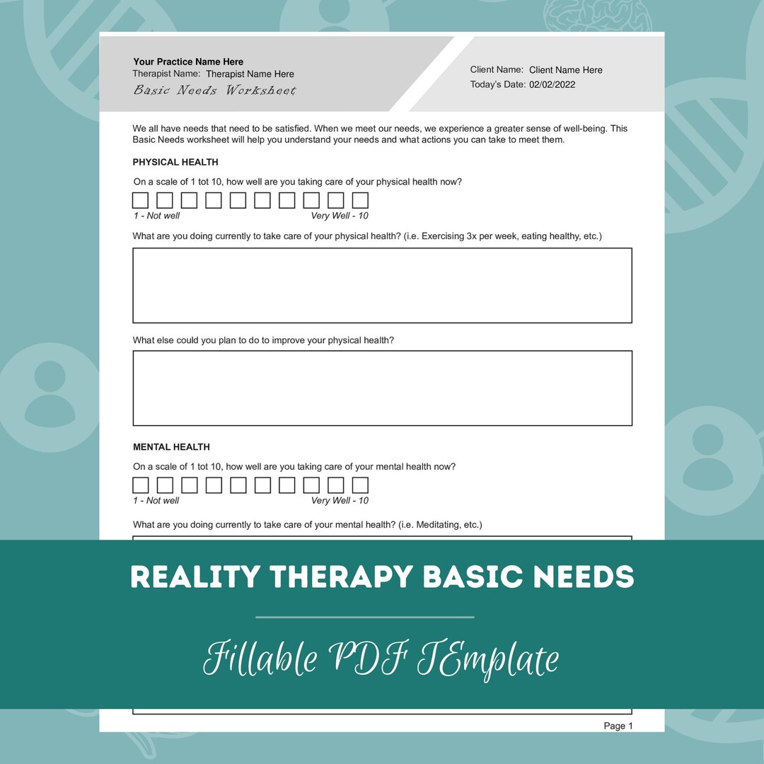 Reality Therapy Basic Needs Worksheet | Editable / Fillable PDF Template | for Counselors ...