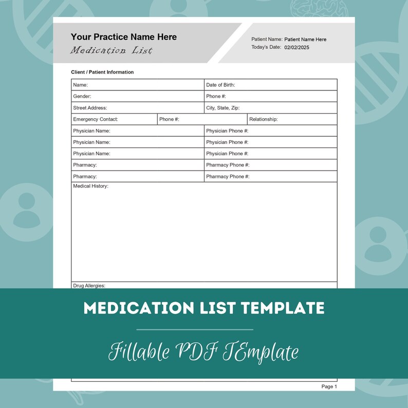 Medication List Template | Editable / Fillable PDF Template | for ...
