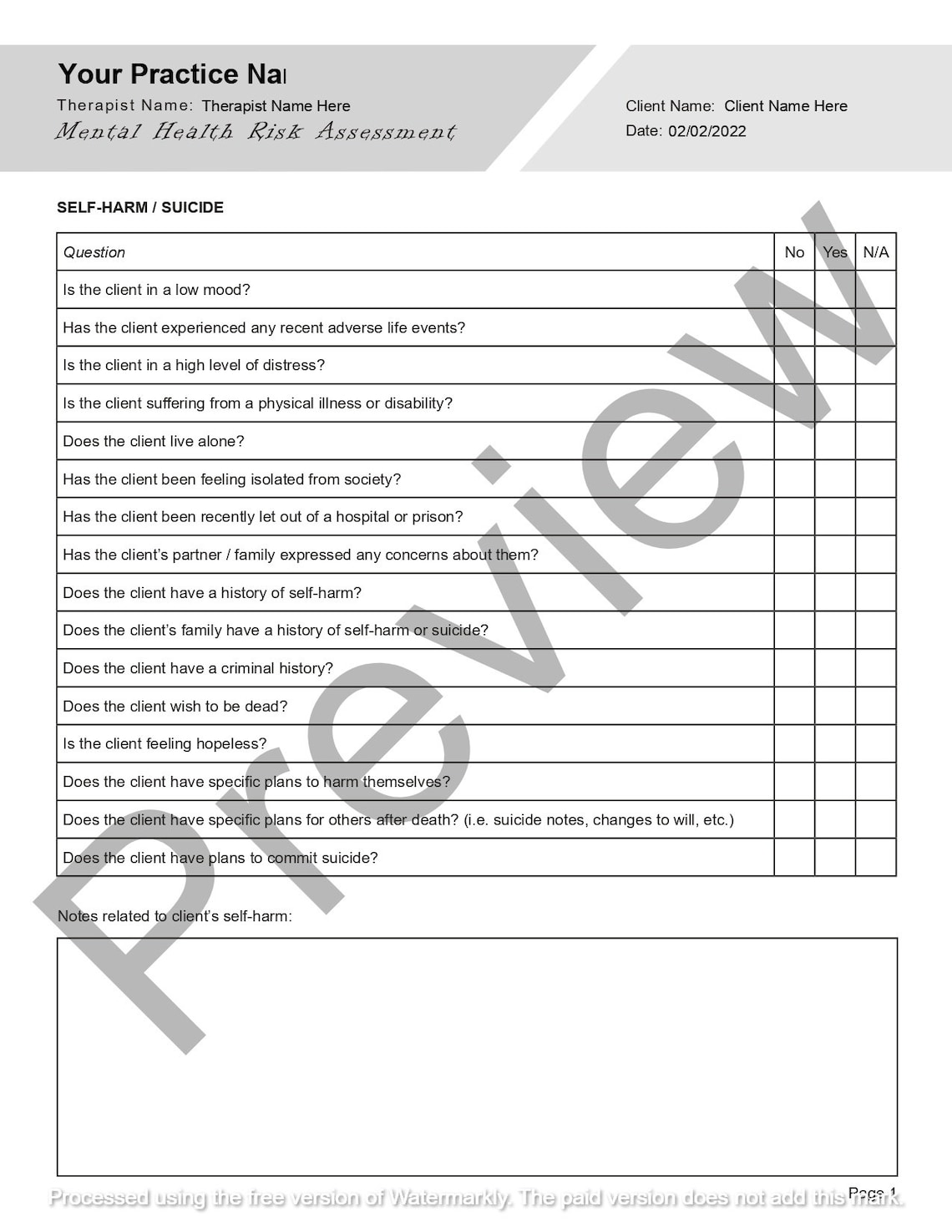 Mental Health Risk Assessment | Editable / Fillable PDF | for ...