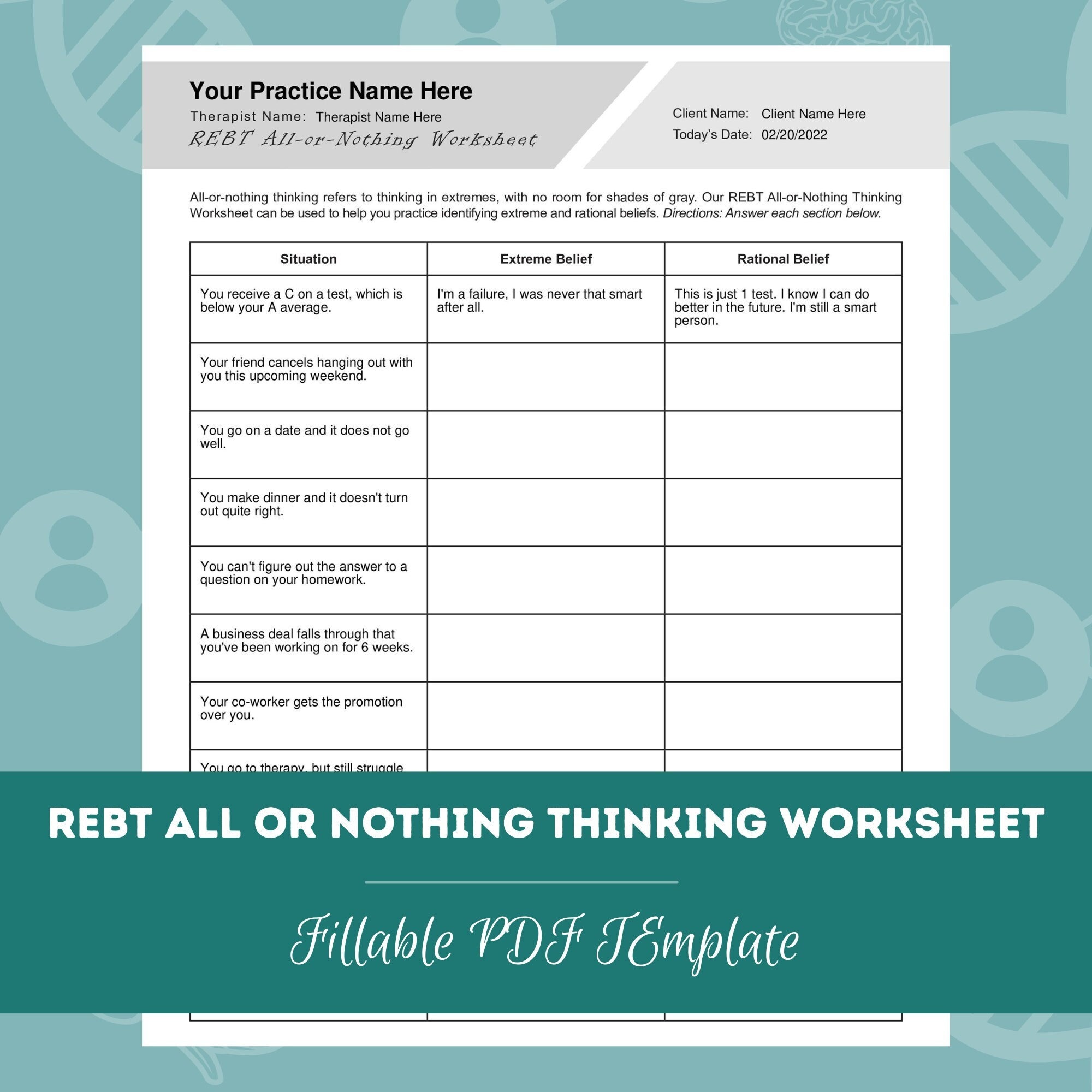 REBT All or Nothing Thinking Worksheet | Editable / Fillable PDF ...
