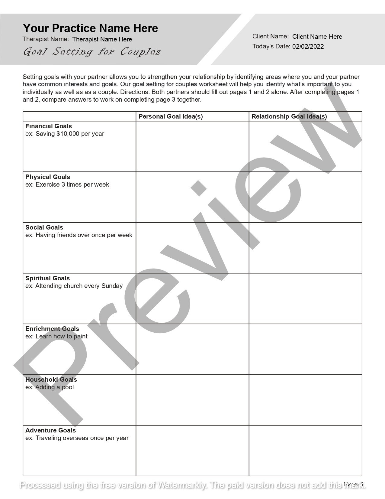 Goal Setting for Couples Worksheet | Editable / Fillable PDF Template ...