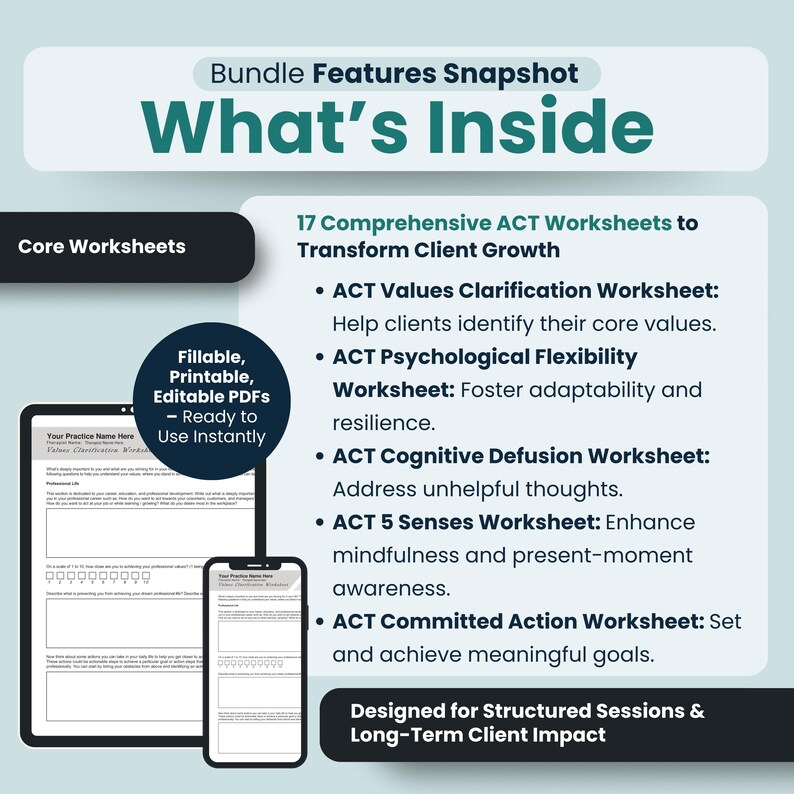 ACT Therapy Worksheets Bundle, 17 Fillable/printable PDF Templates ...