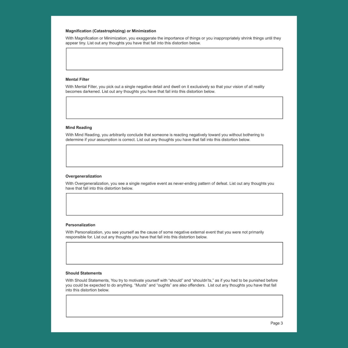 CBT: Cognitive Distortions Worksheet | Editable / Fillable PDF | for ...