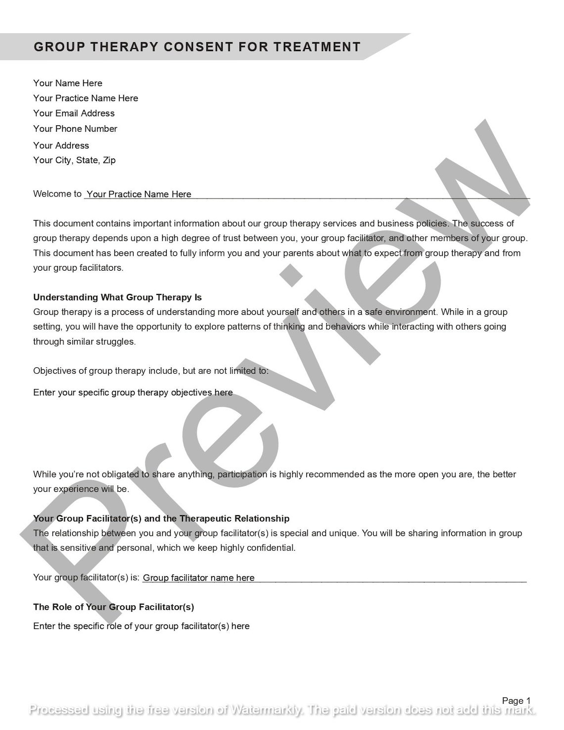 Group Therapy Consent Form | Editable / Fillable PDF Template | for ...